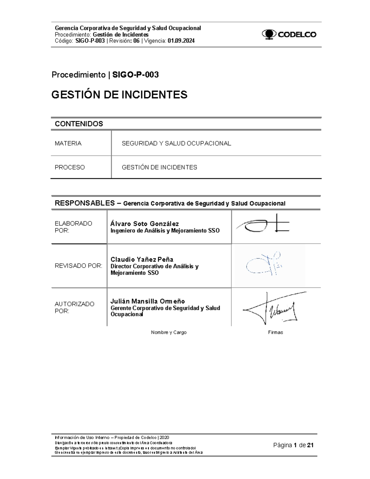 SIGO-P-003 REV06 - NORMATIVA DE CODELCO - Procedimiento: Gestión de ...