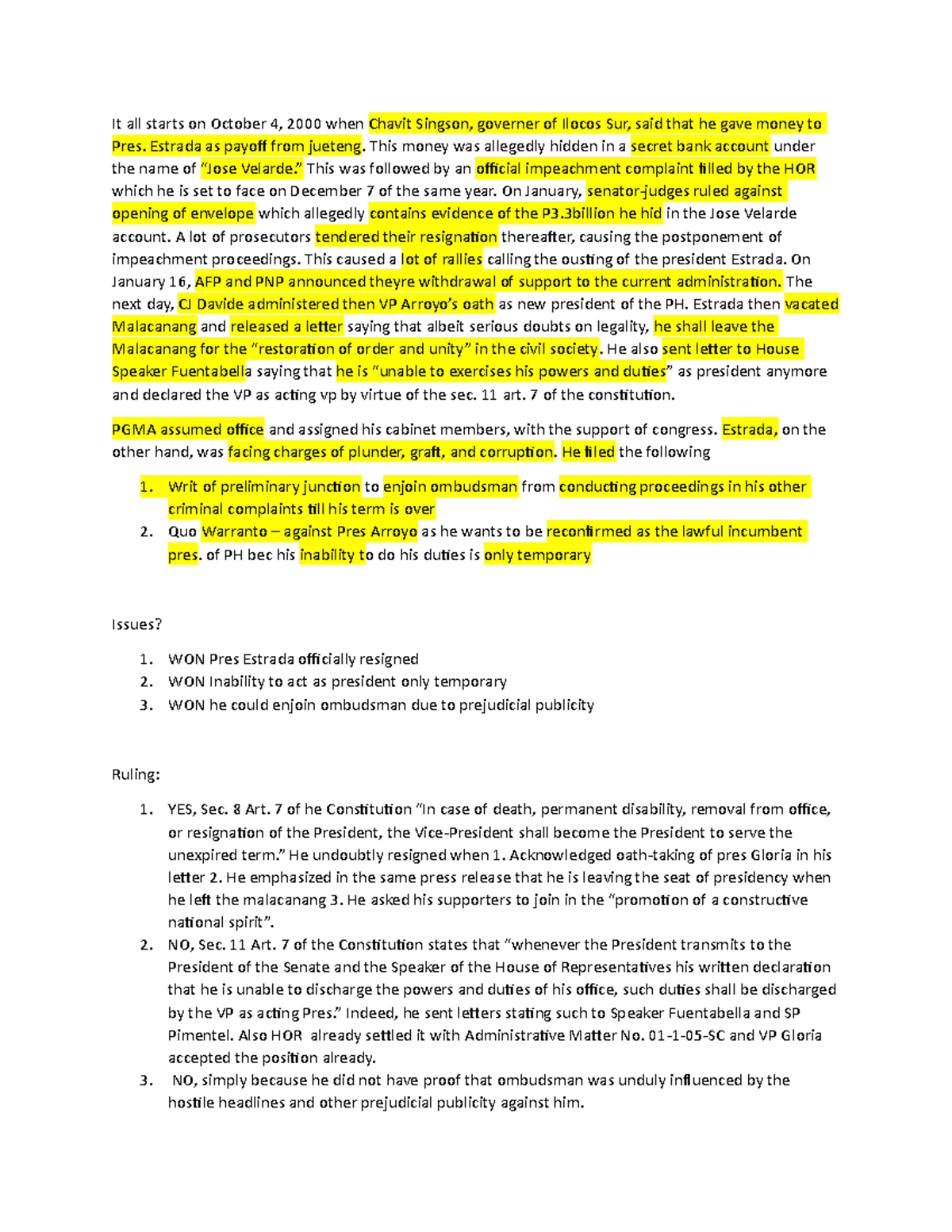 Estrada v. Arroyo Digest - It all starts on October 4, 2000 when Chavit ...