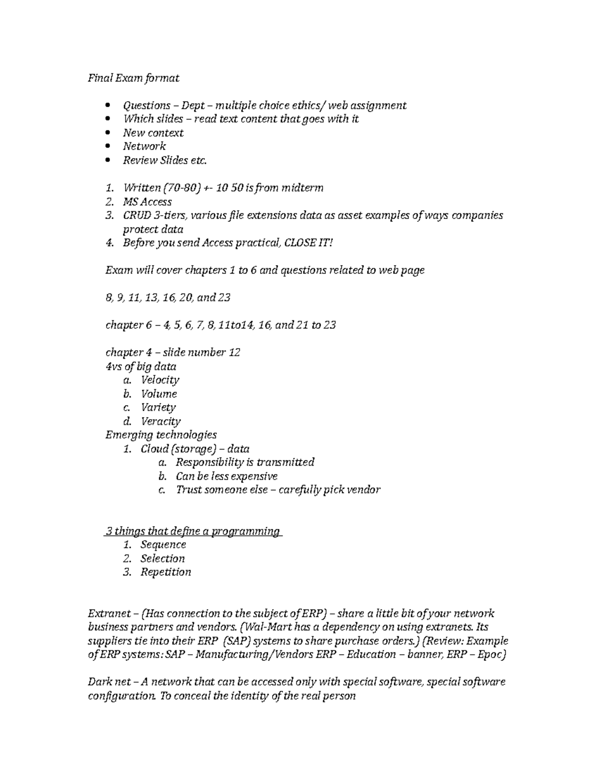Final Exam format & ITM notes - Final Exam format Questions – Dept ...