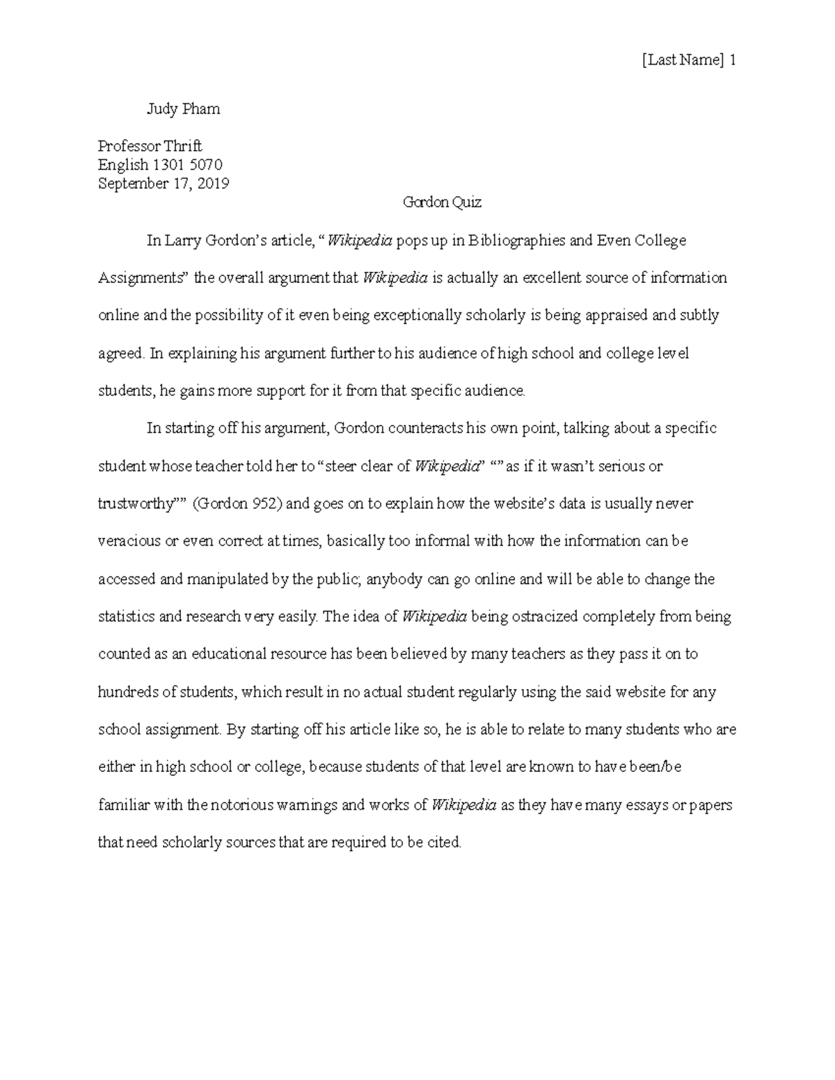 Gordon quiz - Key components of citing works and writing introductory ...