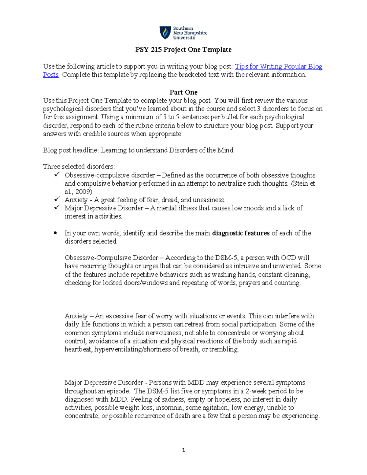 PSY 215 Project One - PSY 215 Project One Template Use the following ...