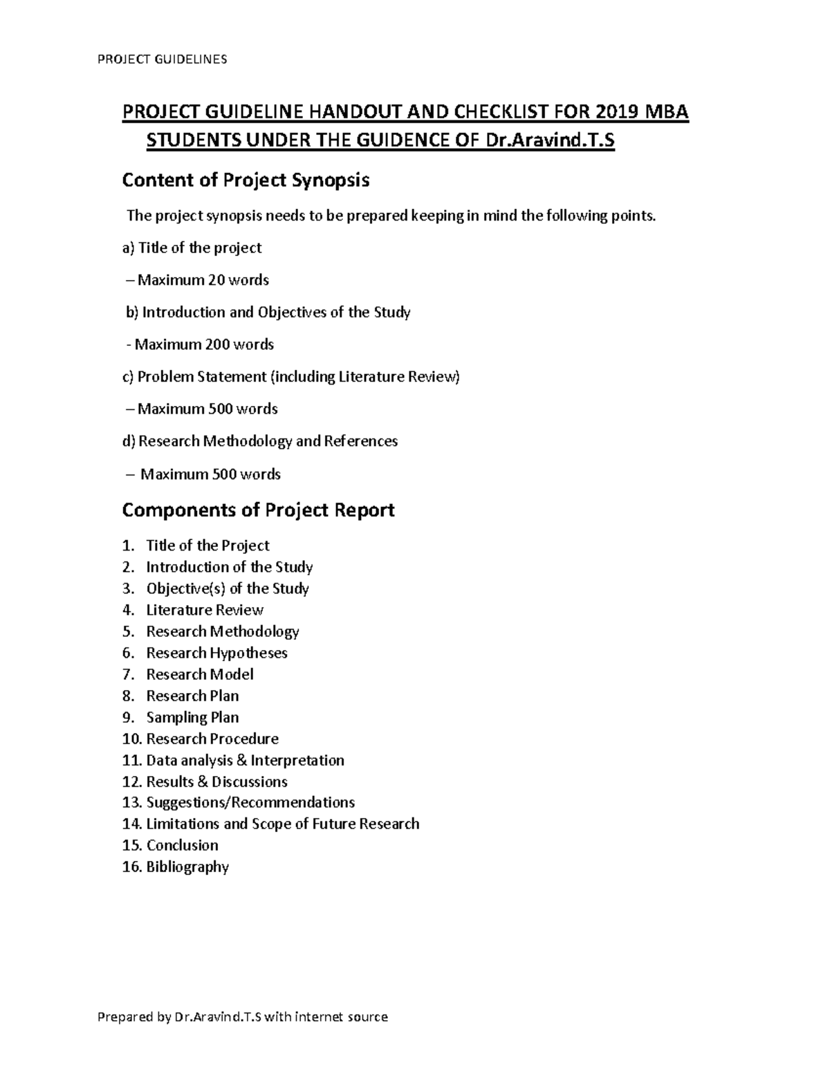 MBA project guidelines - PROJECT GUIDELINE HANDOUT AND CHECKLIST FOR ...