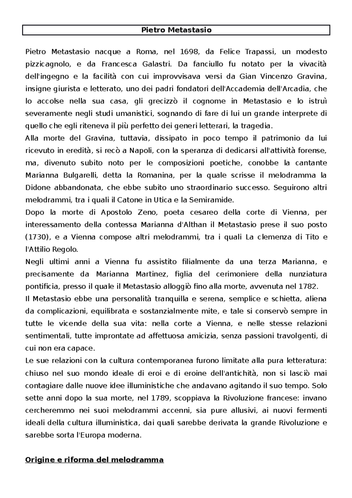 Pietro Metastasio - Riassunto - Pietro Metastasio Pietro Metastasio ...