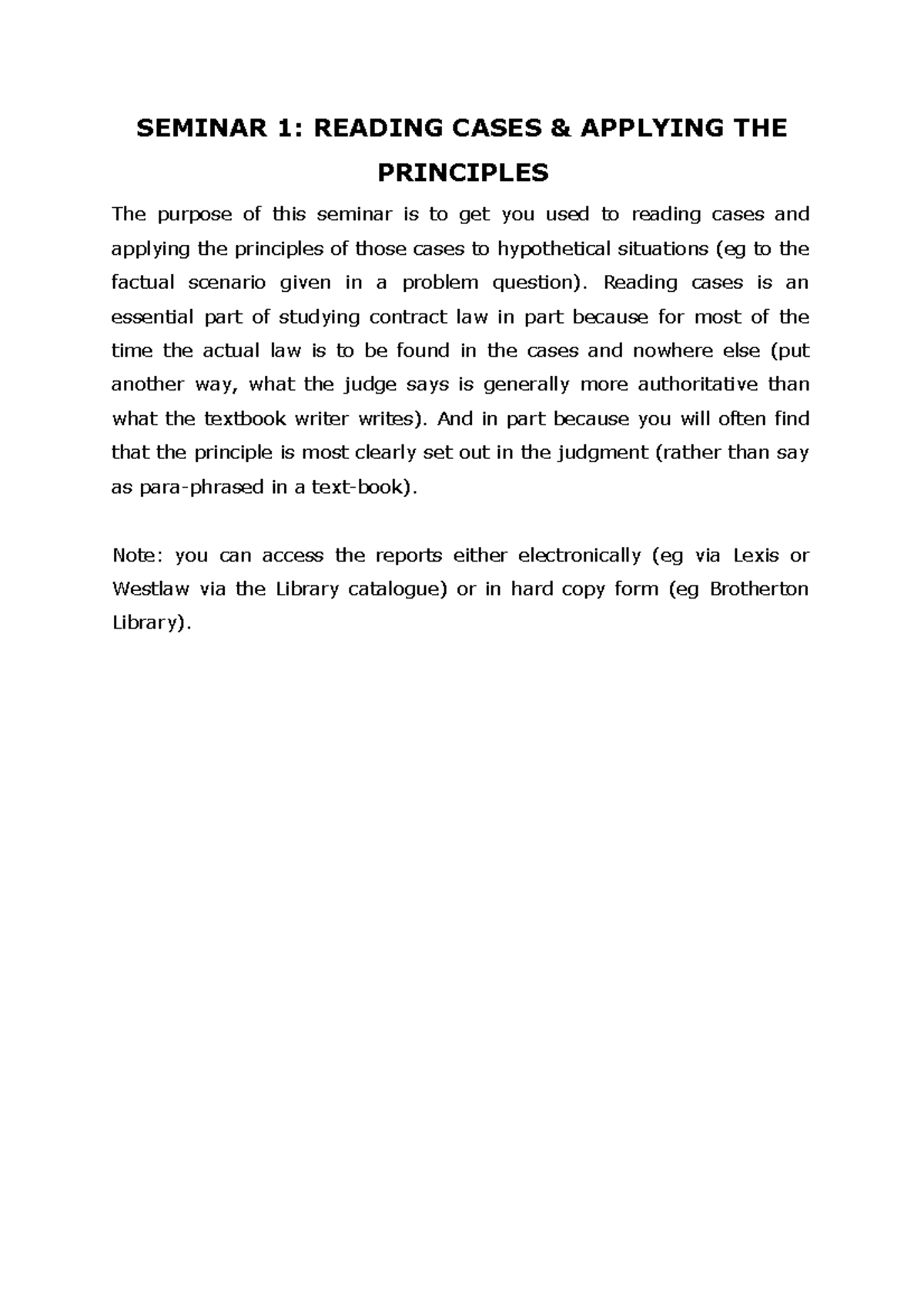 Contract LAW READING CASES & APPLYING THE PRINCIPLES - SEMINAR 1 ...