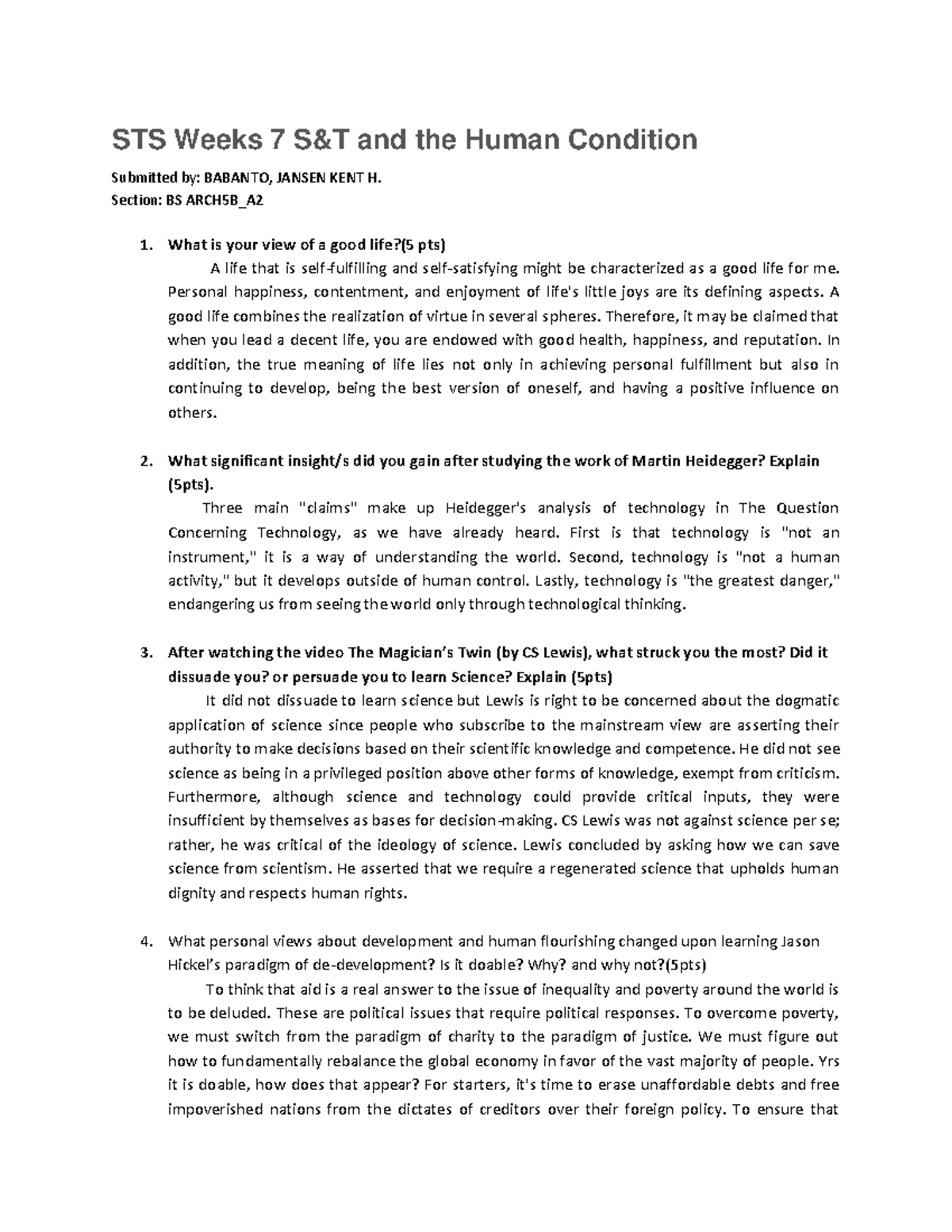 Bsarch 5B A2 Babanto Jansen Week 7-8-Human Condition - STS Weeks 7 S&T and the Human Condition ...