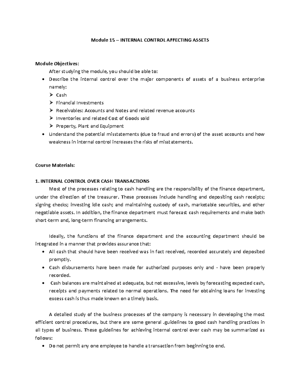 Module 15 – Internal Control Affecting Assets - Module 15 – INTERNAL CONTROL AFFECTING ASSETS ...