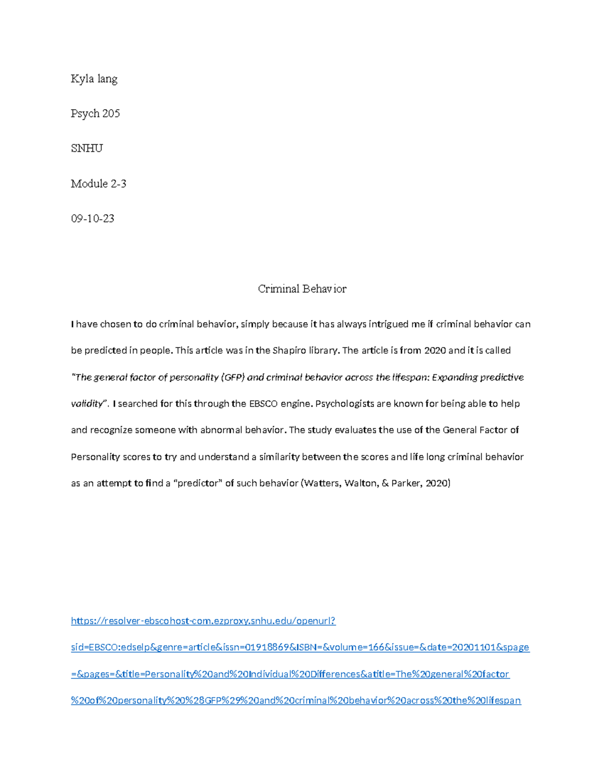 Psych 205 Project - work - Kyla lang Psych 205 SNHU Module 2- 09-10 ...