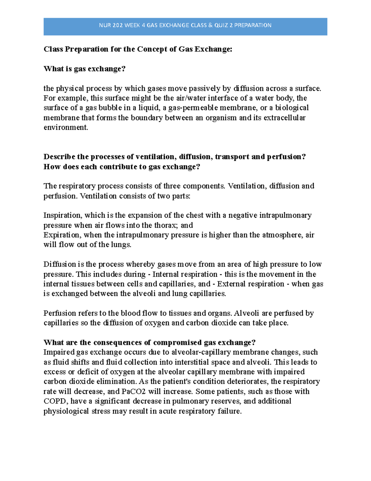 Class & Quiz Preparation for Gas Exchange - Class Preparation for the ...