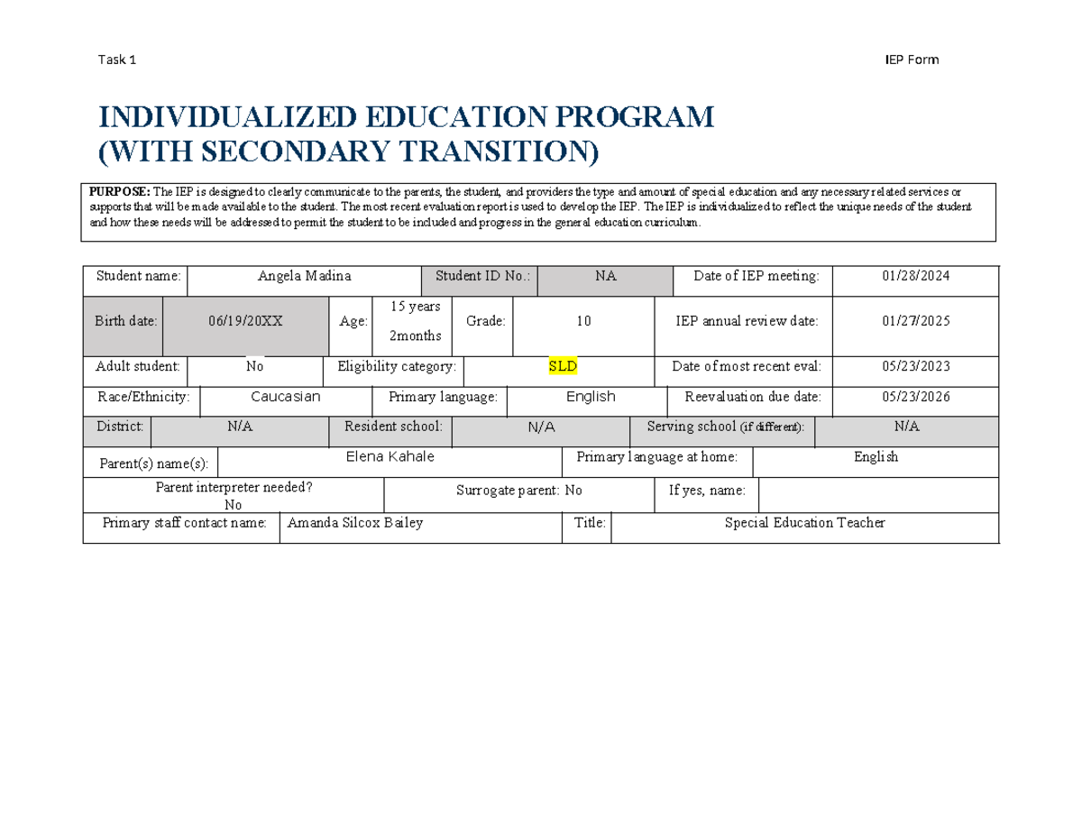 IEP Form task 1 - INDIVIDUALIZED EDUCATION PROGRAM (WITH SECONDARY ...