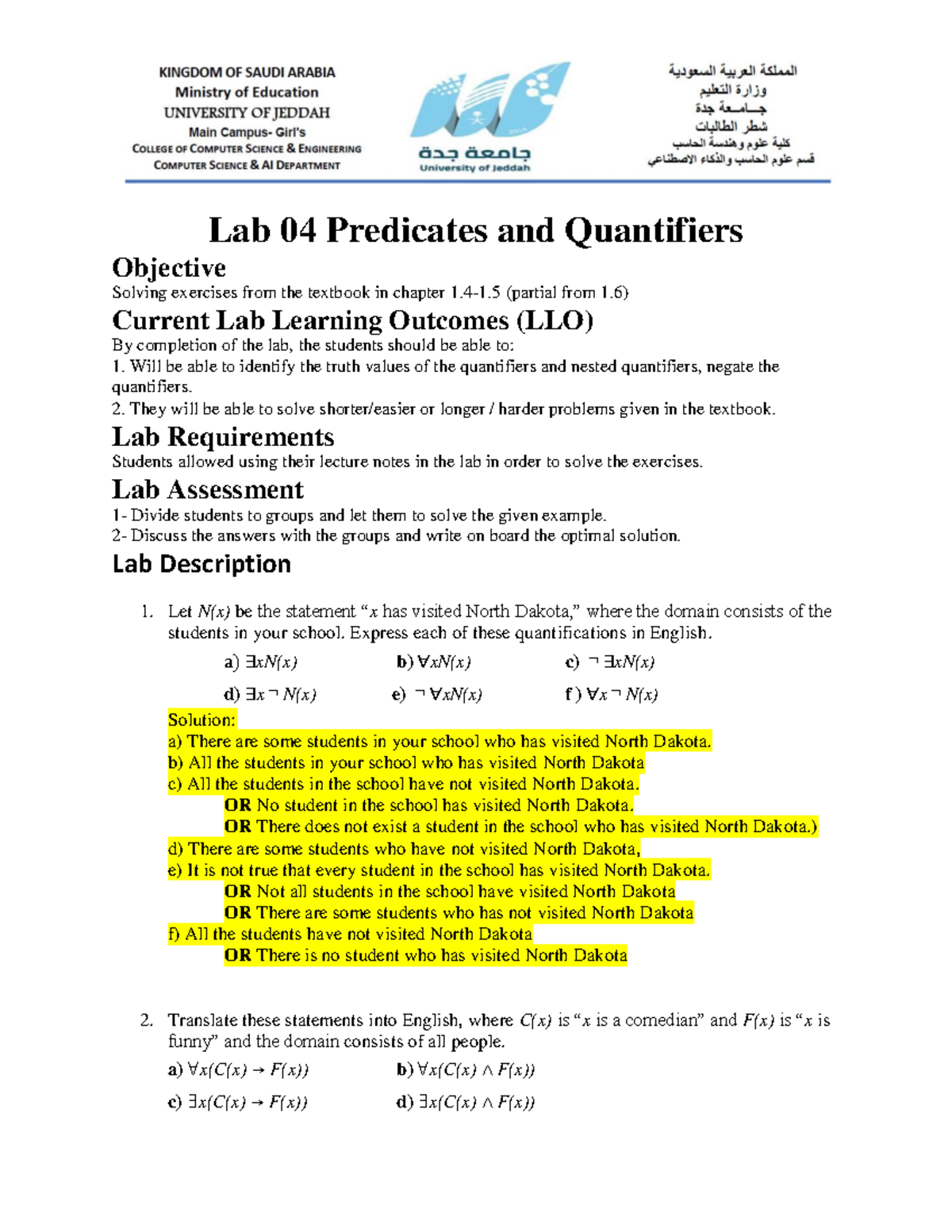 Lab04 solution - Test - Lab 04 Predicates and Quantifiers Objective ...