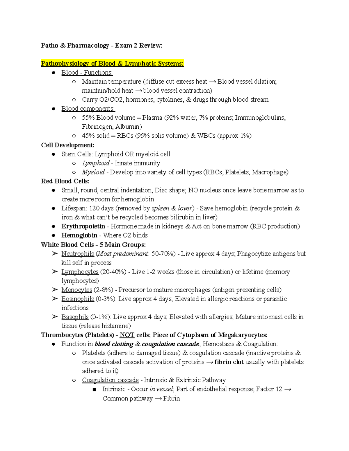 Patho Exam 2 - Lecture notes 6-10 - Patho & Pharmacology - Exam 2 ...