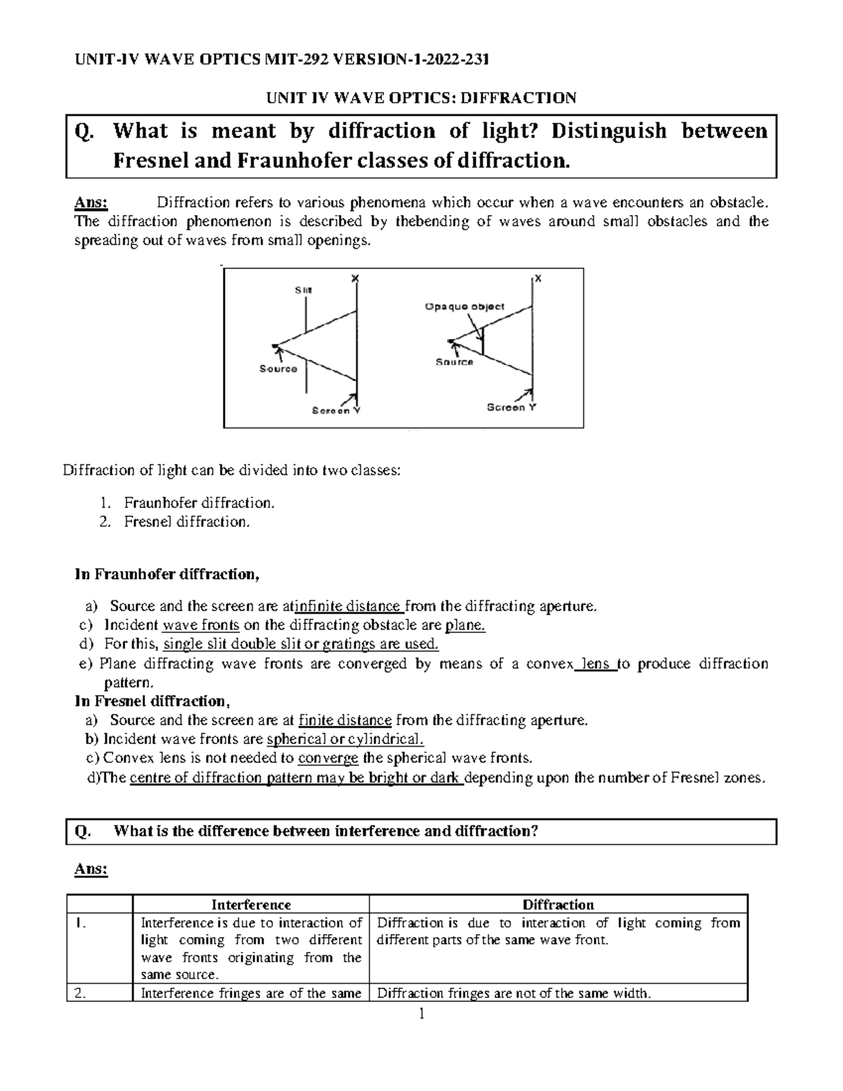 Unit IV Diffraction Ver-01 2022-23 - UNIT IV WAVE OPTICS: DIFFRACTION Q. What is meant by - Studocu