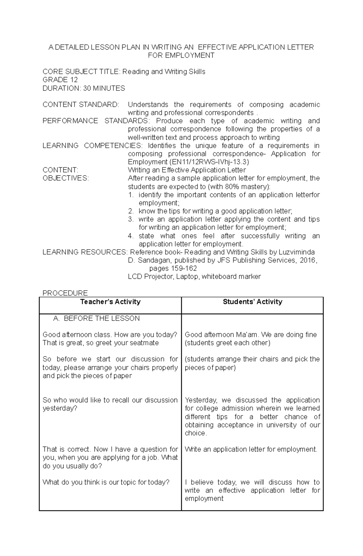 A Detailed Lesson PLAN IN Writing AN Effective Application Letter FOR