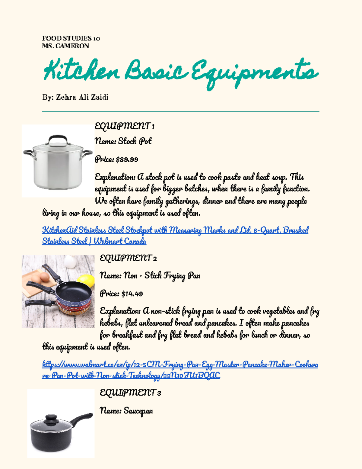 Food Studies 10 - Kitchen Equipment Assignment - FOOD STUDIES 10 MS ...
