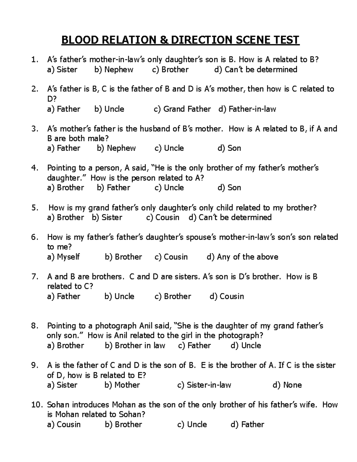 Blood Relations & Directions - BLOOD RELATION & DIRECTION SCENE TEST A ...