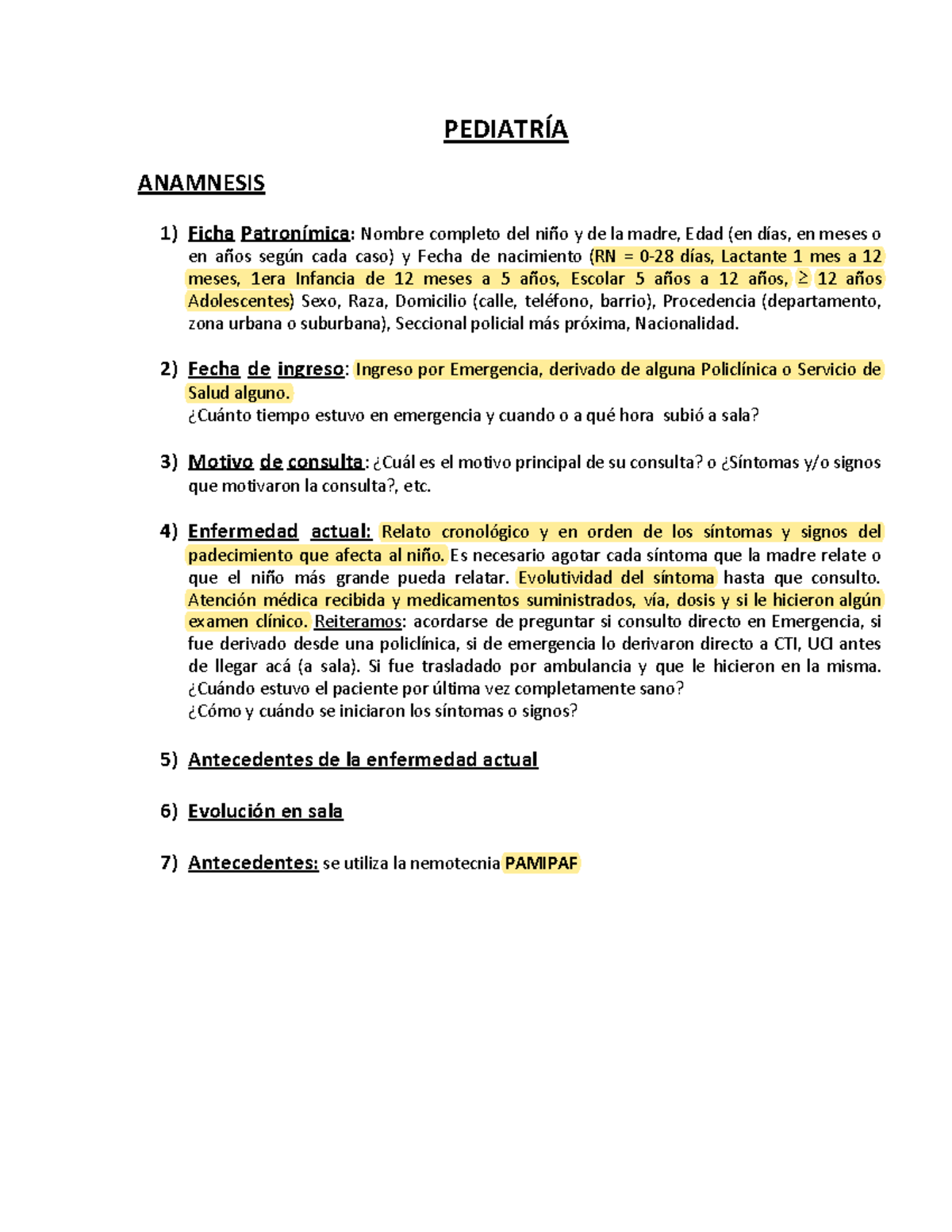 1- Anamnesis Pediatria - PEDIATRÍA ANAMNESIS 1) Ficha Patronímica ...
