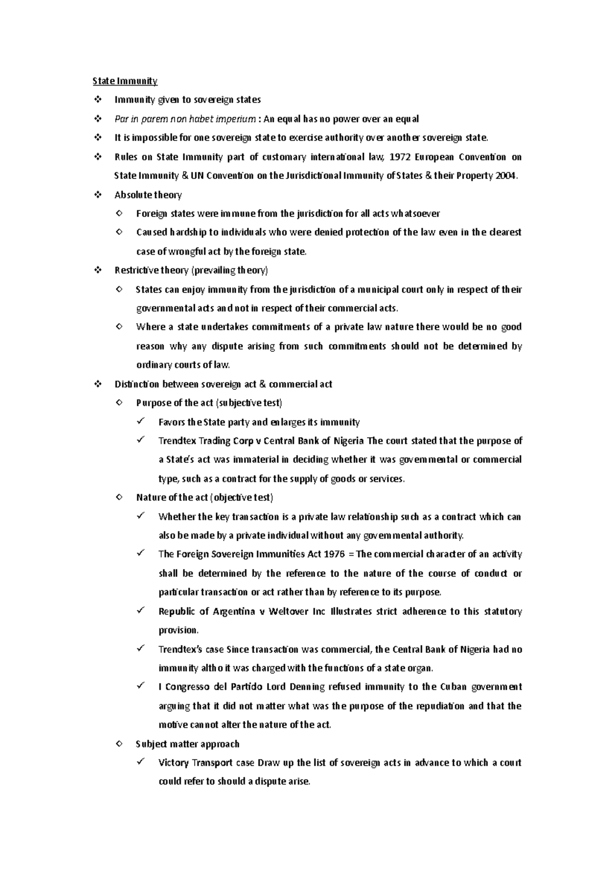 State Immunity Notes - State Immunity Immunity given to sovereign ...