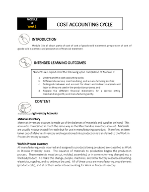 Module 3 - Cost Accounting Cycle - MODULE 3 Week 3 COST ACCOUNTING ...