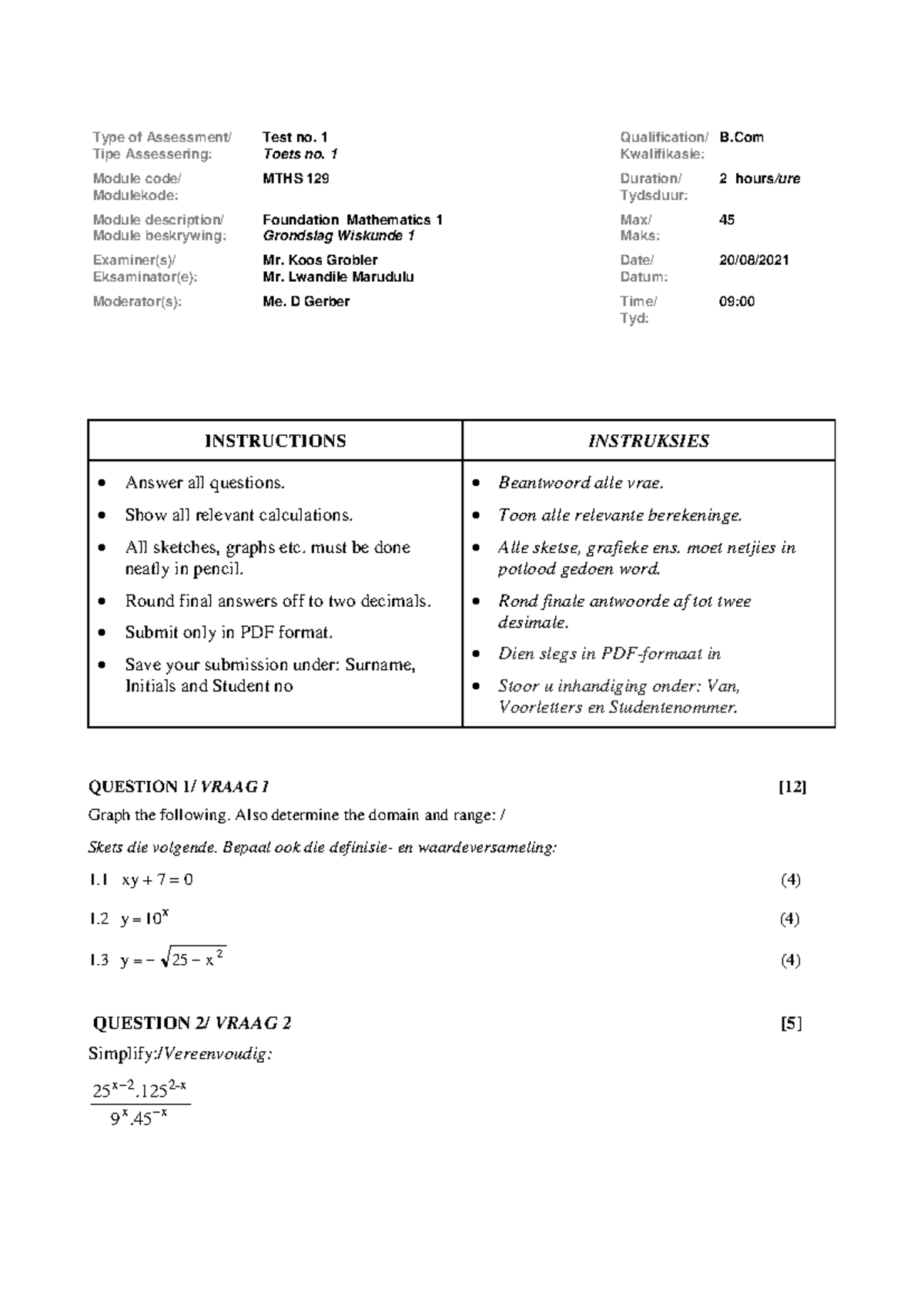 Test 1 MTHS 129 2021 - mths 129 - Type of Assessment/ Tipe Assessering ...