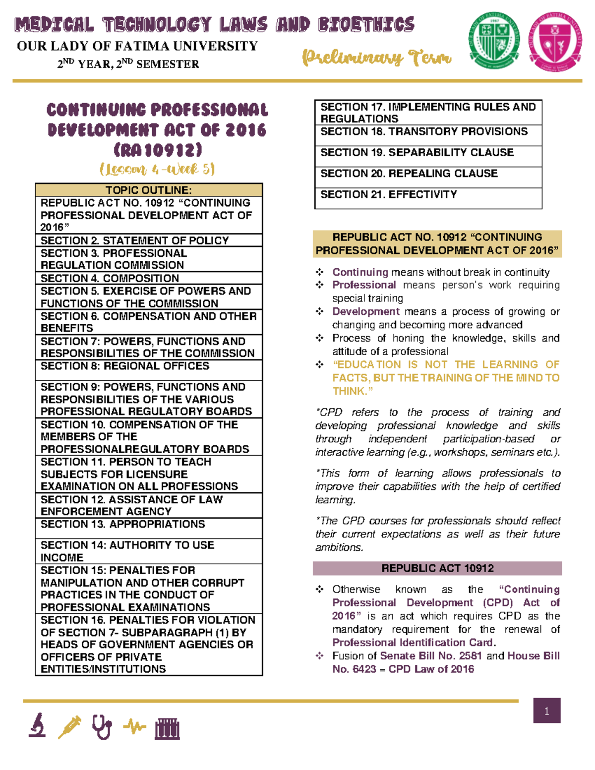 MTLB Midterm Revs - MEDICAL TECHNOLOGY LAWS AND BIOETHICS OUR LADY OF FATIMA UNIVERSITY 2 ND ...