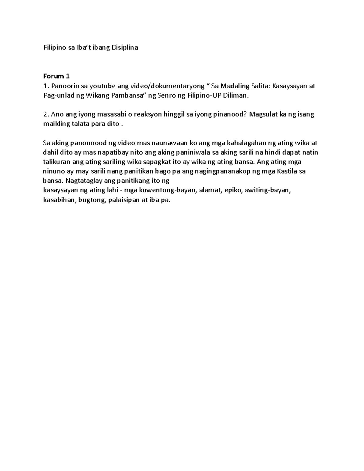 Sample Assignment - Forum 1 - Filipino sa Iba’t ibang Disiplina Forum 1 ...