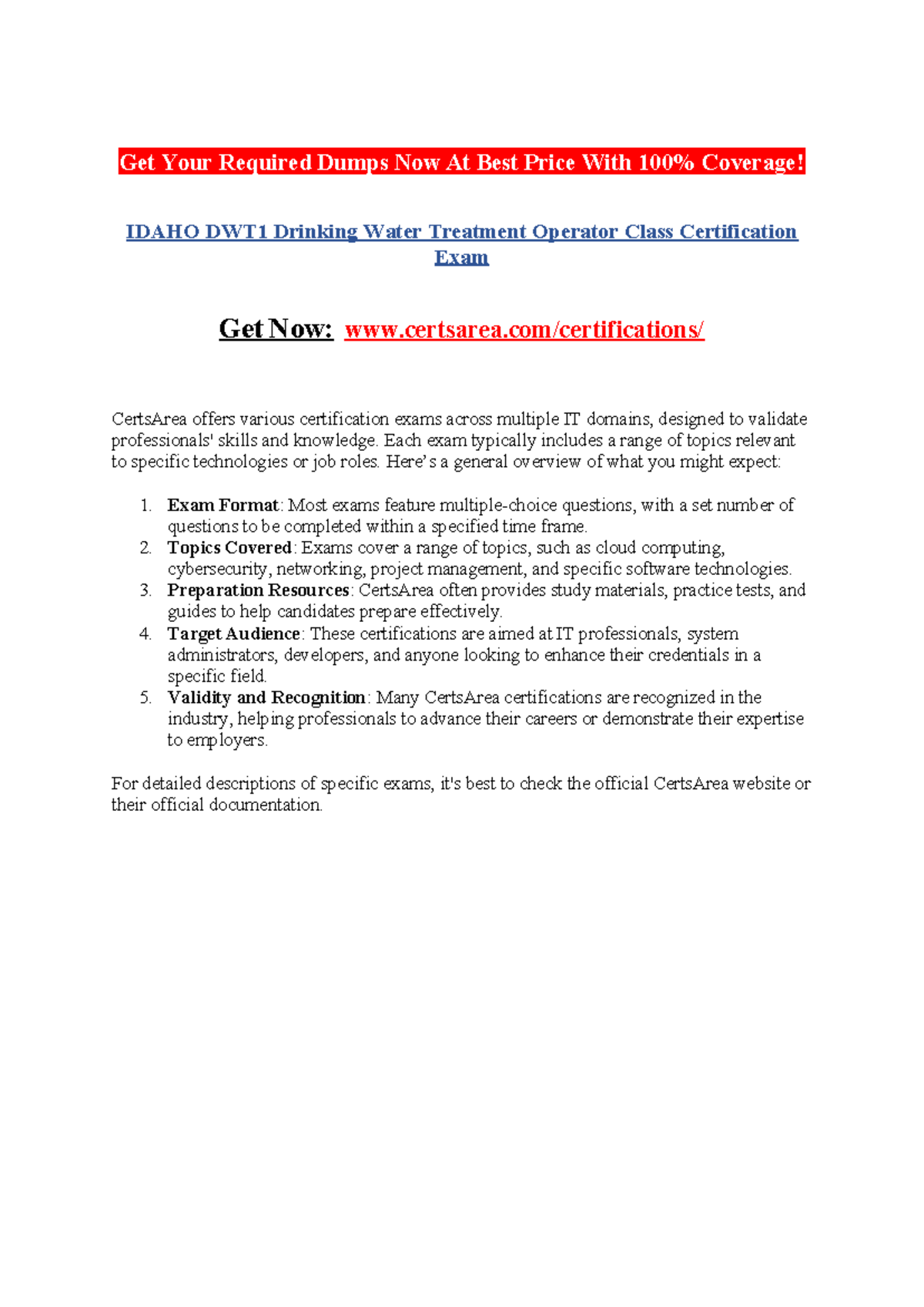 IDAHO DWT1 Drinking Water Treatment Operator Class Certification Exam ...
