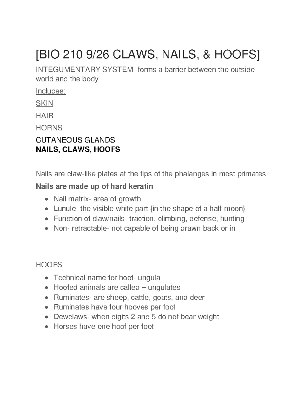 BIO 210 NAIL, Claws, Hoofs - [BIO 210 9/26 CLAWS, NAILS, & HOOFS ...