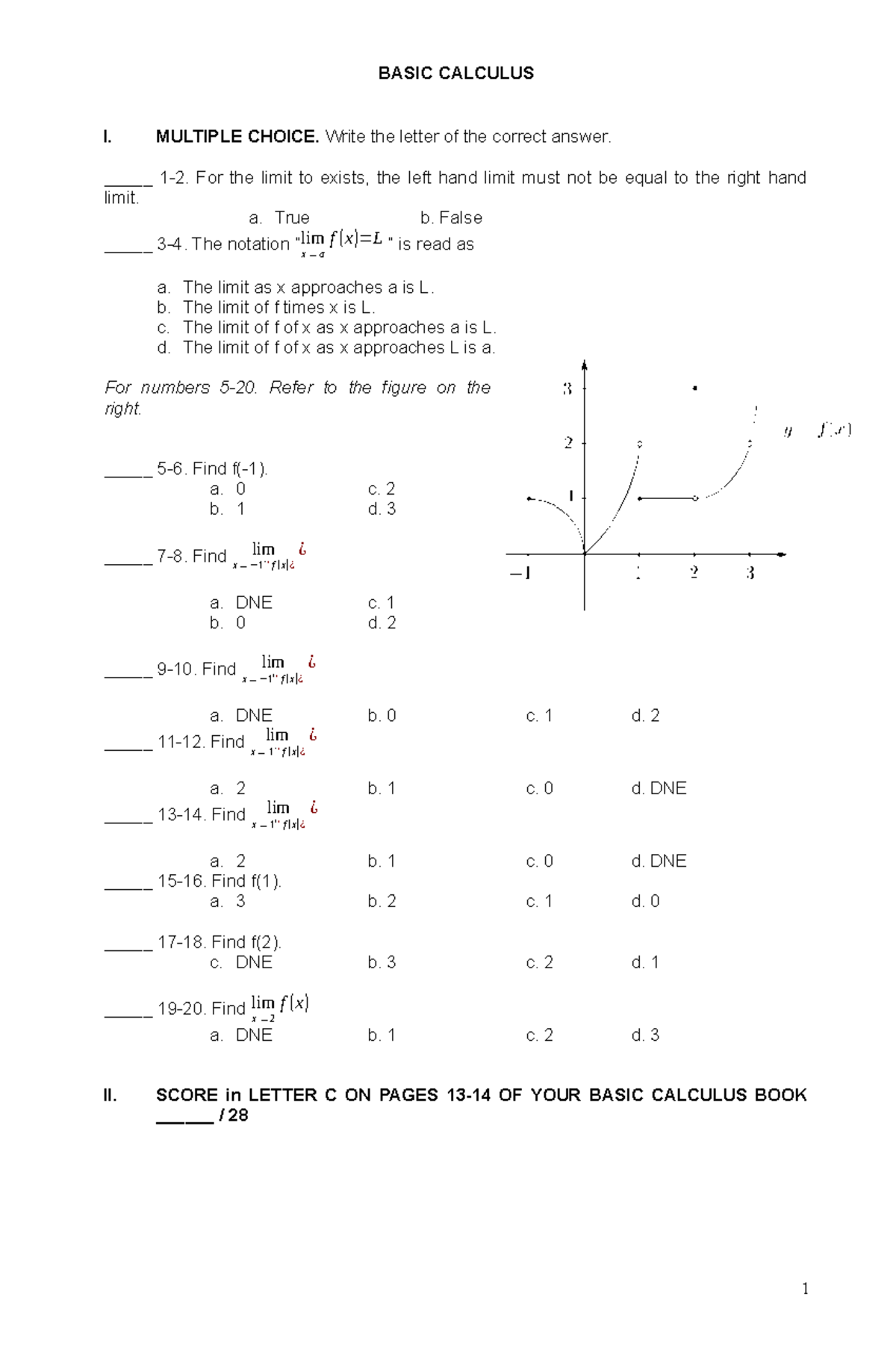 Grade 11 - Basic Calculus - BASIC CALCULUS I. MULTIPLE CHOICE. Write ...