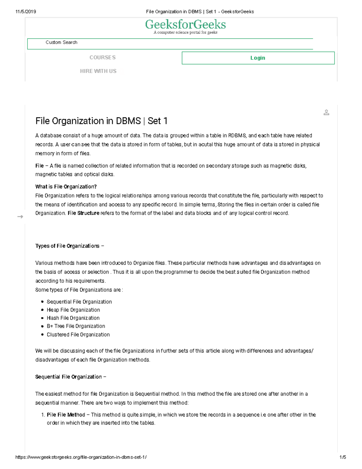 A2627119 25107 14 2019 File Organization in DBMS Set 1 - Geeksfor Geeks ...