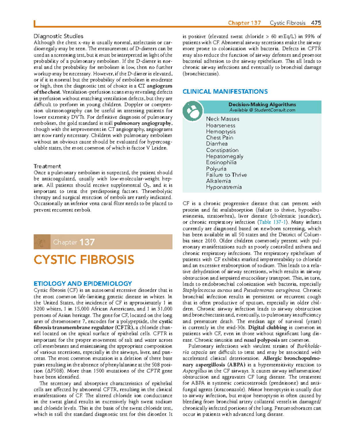Topic #9 pt2 - note - Chapter 137 u Cystic Fibrosis 475 Diagnostic ...