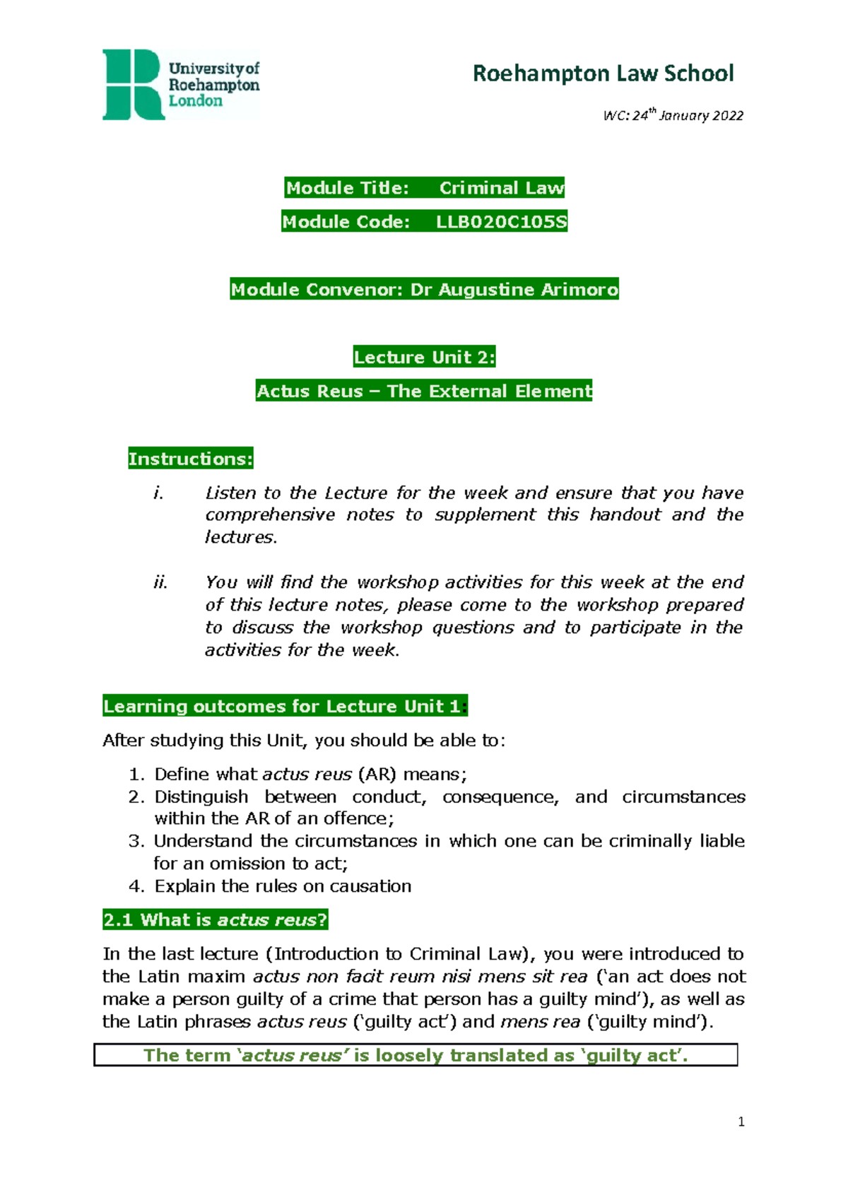 Lecture UNIT 2 Handout - WC: 24th January 2022 Module Title: Criminal ...