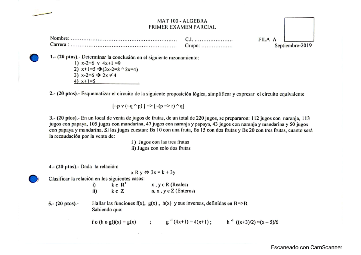 1 Practica 1 Mat-100 Grupo A algebra lineal - Algebra - Studocu