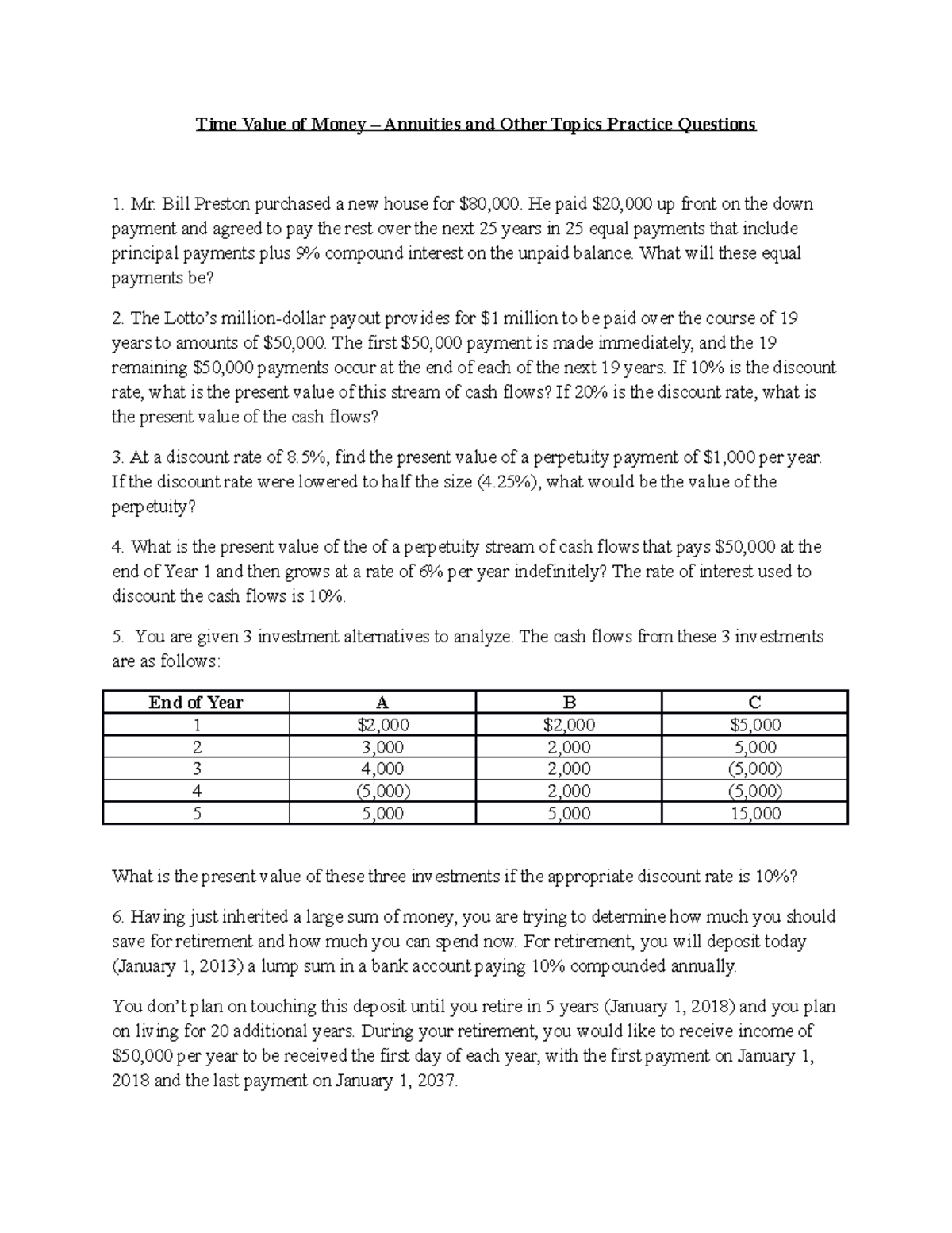 TVM - Annuities and other Topics Practice Problems - Time Value of ...
