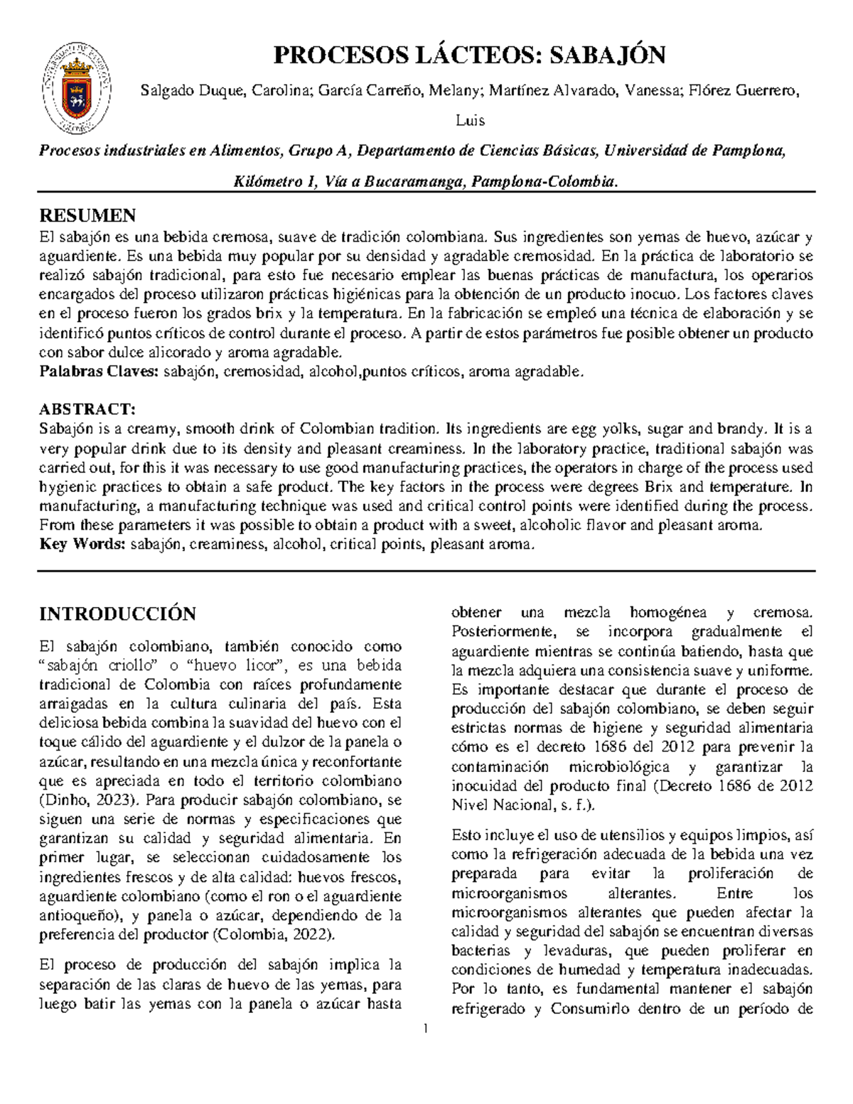 Informe Procesos - practica lateos - PROCESOS LÁCTEOS: SABAJÓN Salgado ...