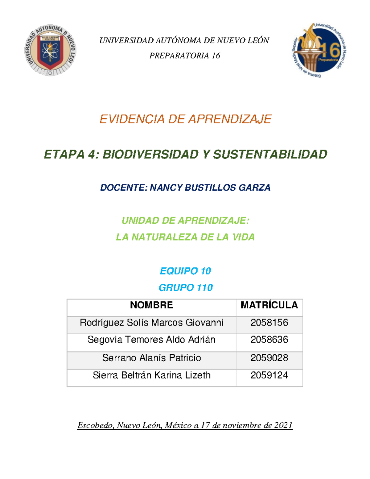 Equipo 10 EV4 LNV - Evidencia de Aprendizaje Etapa 4 La Naturaleza de la Vida 3er Semestre - Studocu
