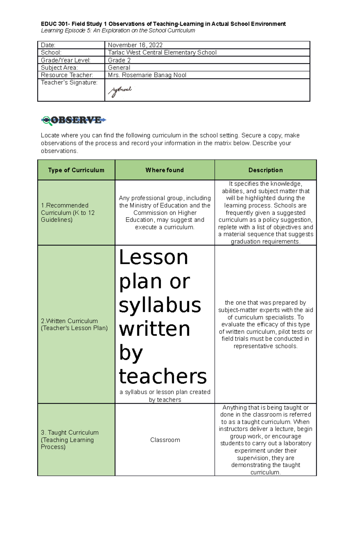 FS1 LE 5 act1 - field study - Learning Episode 5: An Exploration on the ...