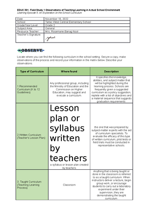 FS1-LE-2-act1 - field study - Learning Episode 2 Classroom Management ...