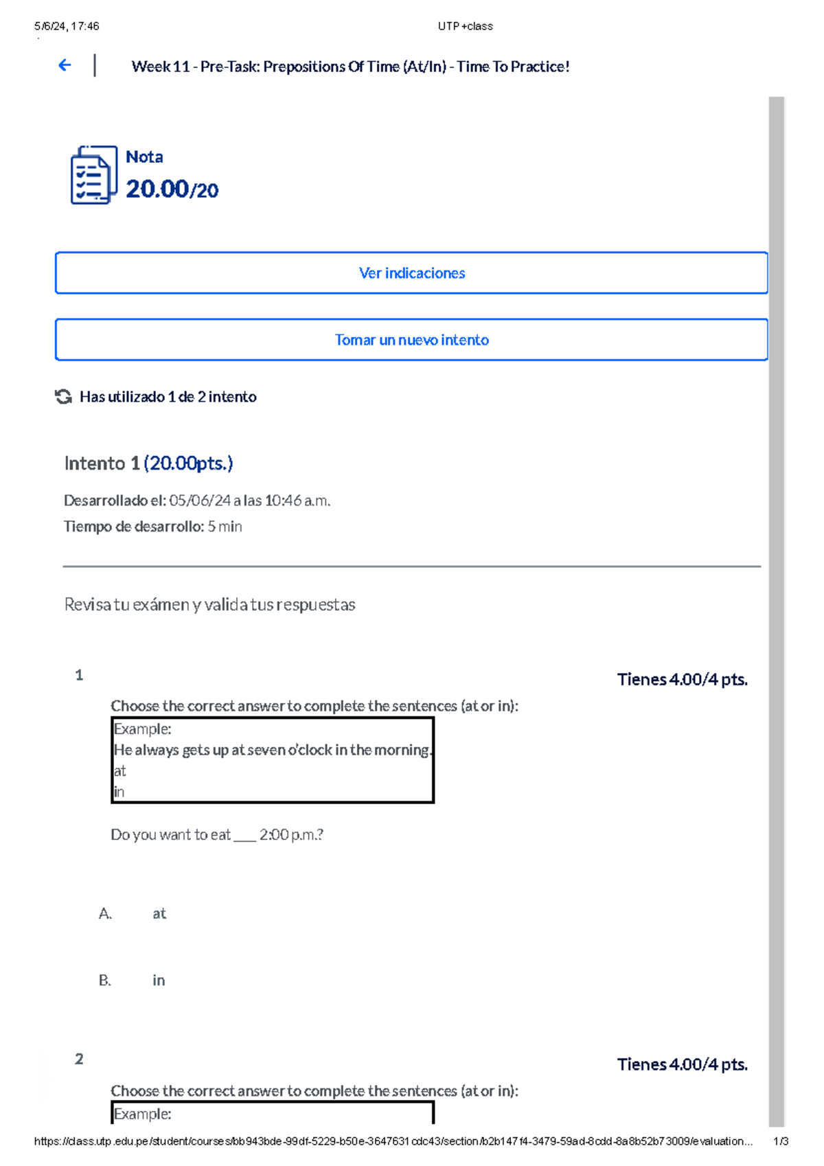 Week 11 - Pre-Task Prepositions of time (at-in) - Time to practice ...