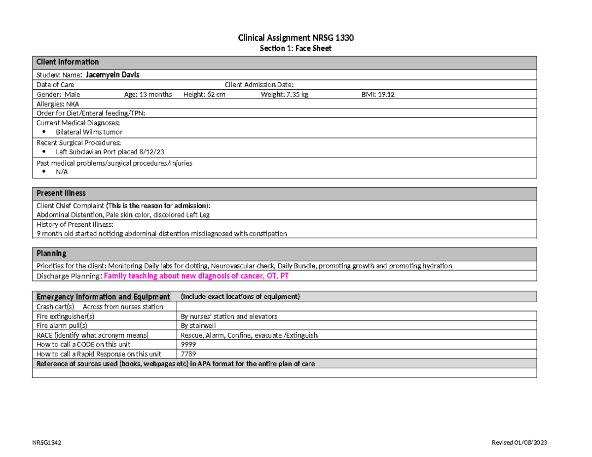 Clinical Assignment peds - Clinical Assignment NRSG 1330 Section 1 ...