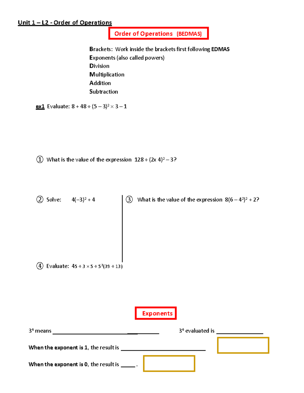 L2-1.4 Order of Operations - Unit 1 – L 2 - Order of Operations Order ...