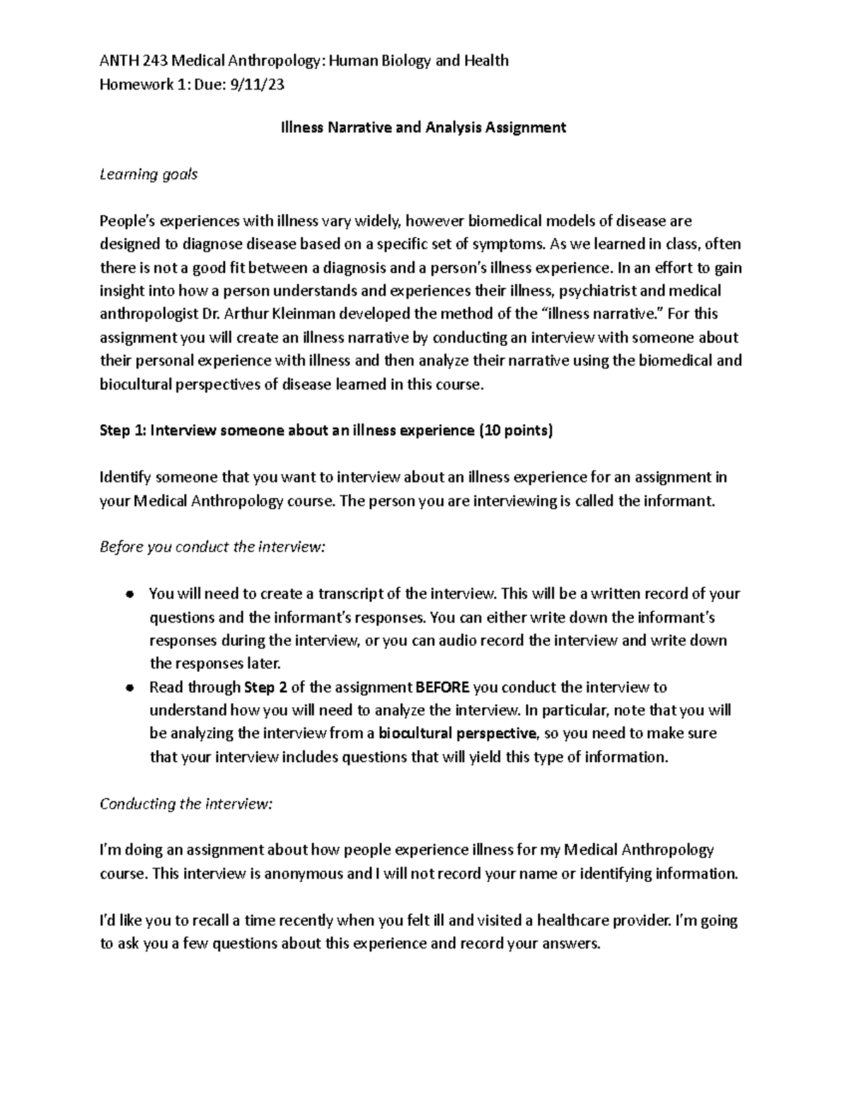 HW1. Illness Narrative and Analysis - Homework 1: Due: 9/11/ Illness ...