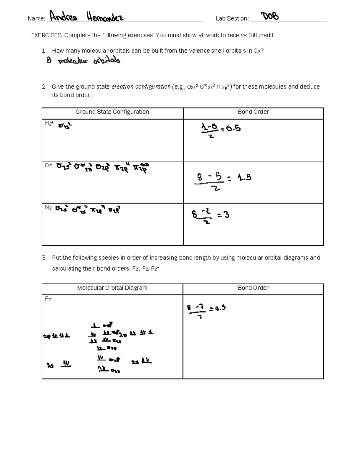 Molecular orbital HW - lan - EXERCISES: Complete the following ...