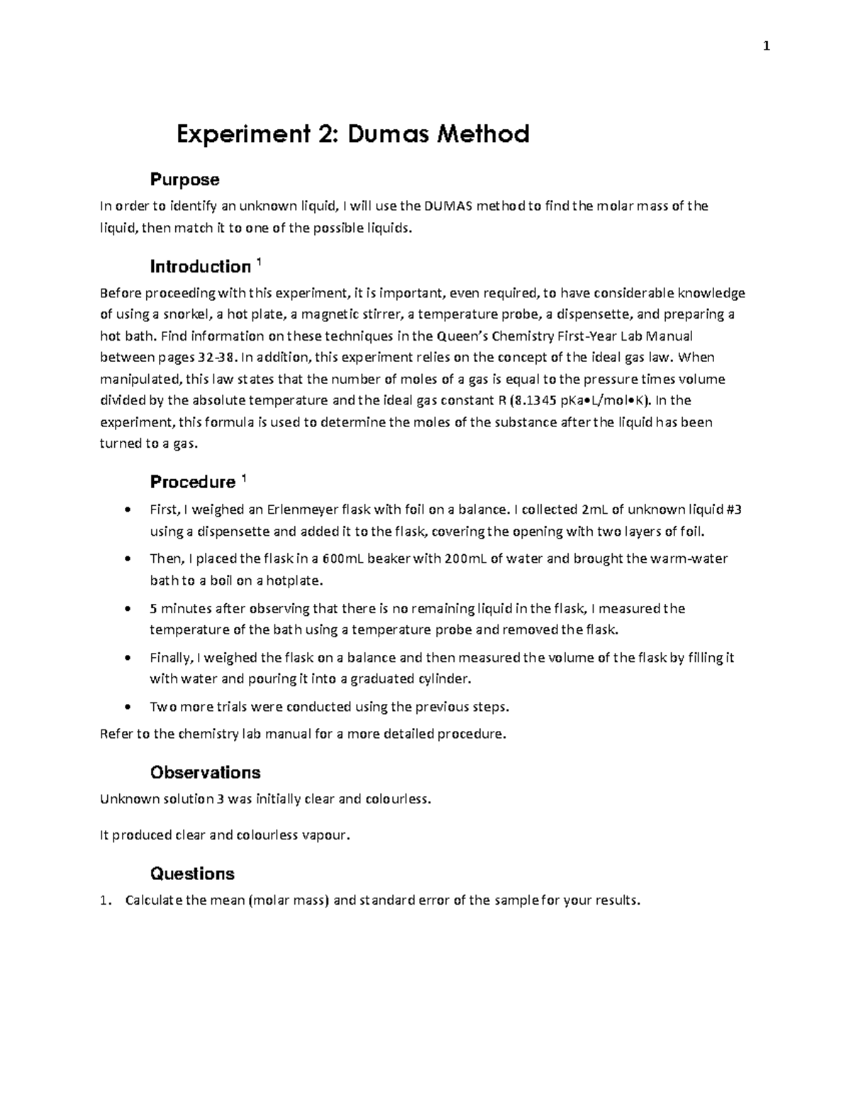 Dumas Method Lab Report - Experiment 2: Dumas Method Purpose In order ...