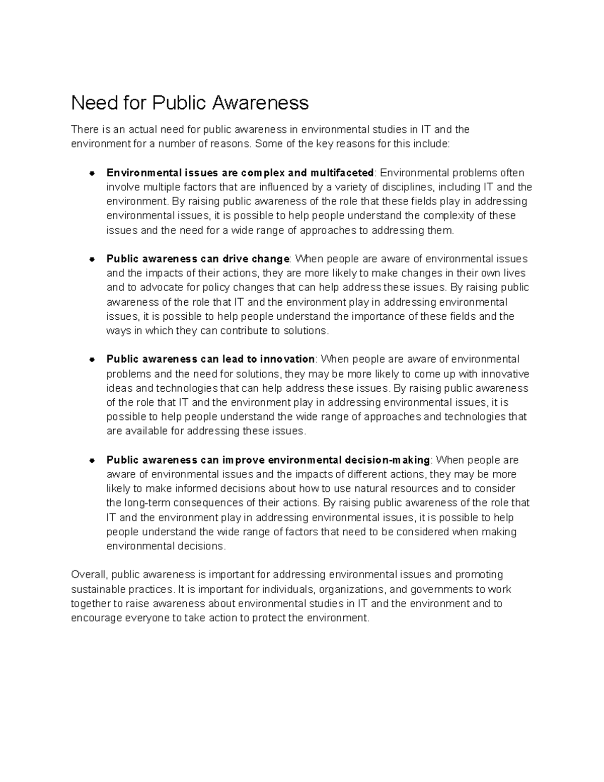 6. Need for Public Awareness - Need for Public Awareness There is an ...