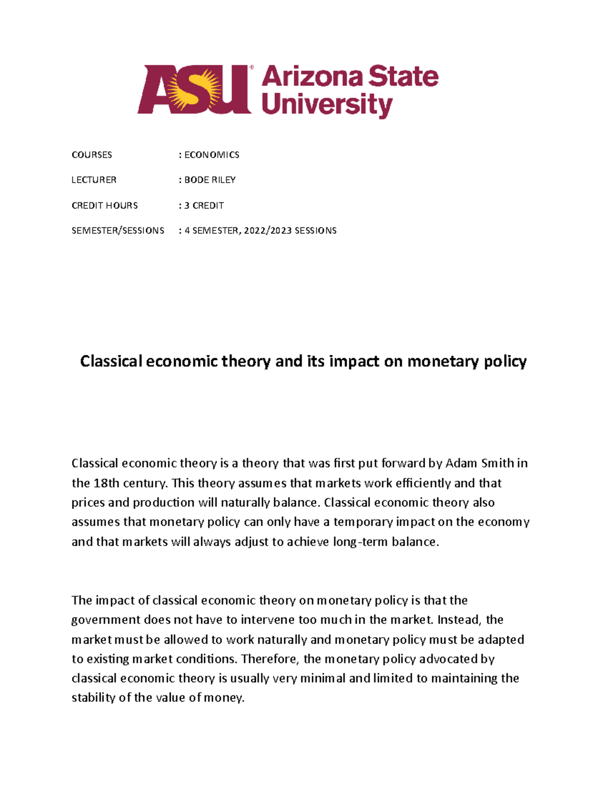 Classical economic theory and its impact on monetary policy - COURSES ...