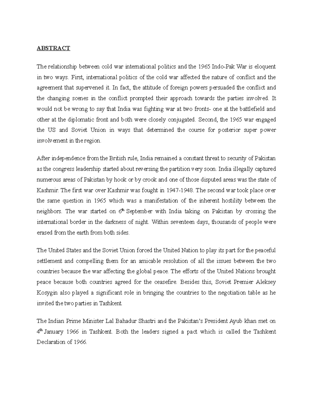 Tashkent declaration - ABSTRACT The relationship between cold war ...