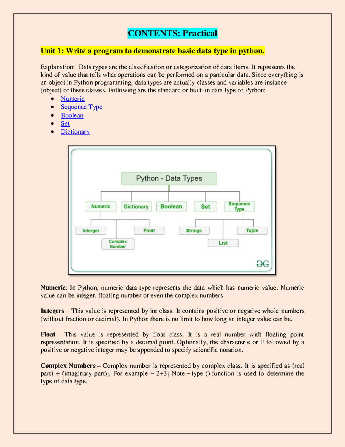 Python Term work-1 - CONTENTS: Practical Unit 1: Write a program to demonstrate basic data type ...