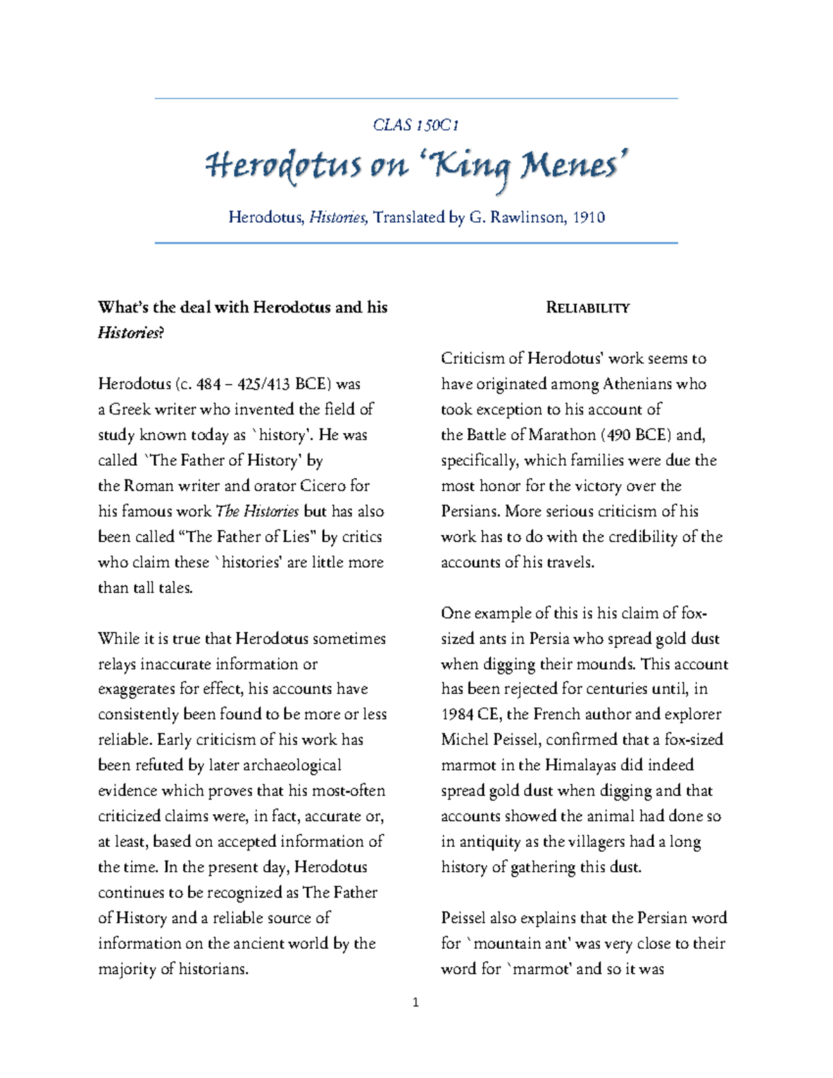 CLAS 150C1 - Herodotus on Menes - CLAS 150C Herodotus on ‘King Menes ...