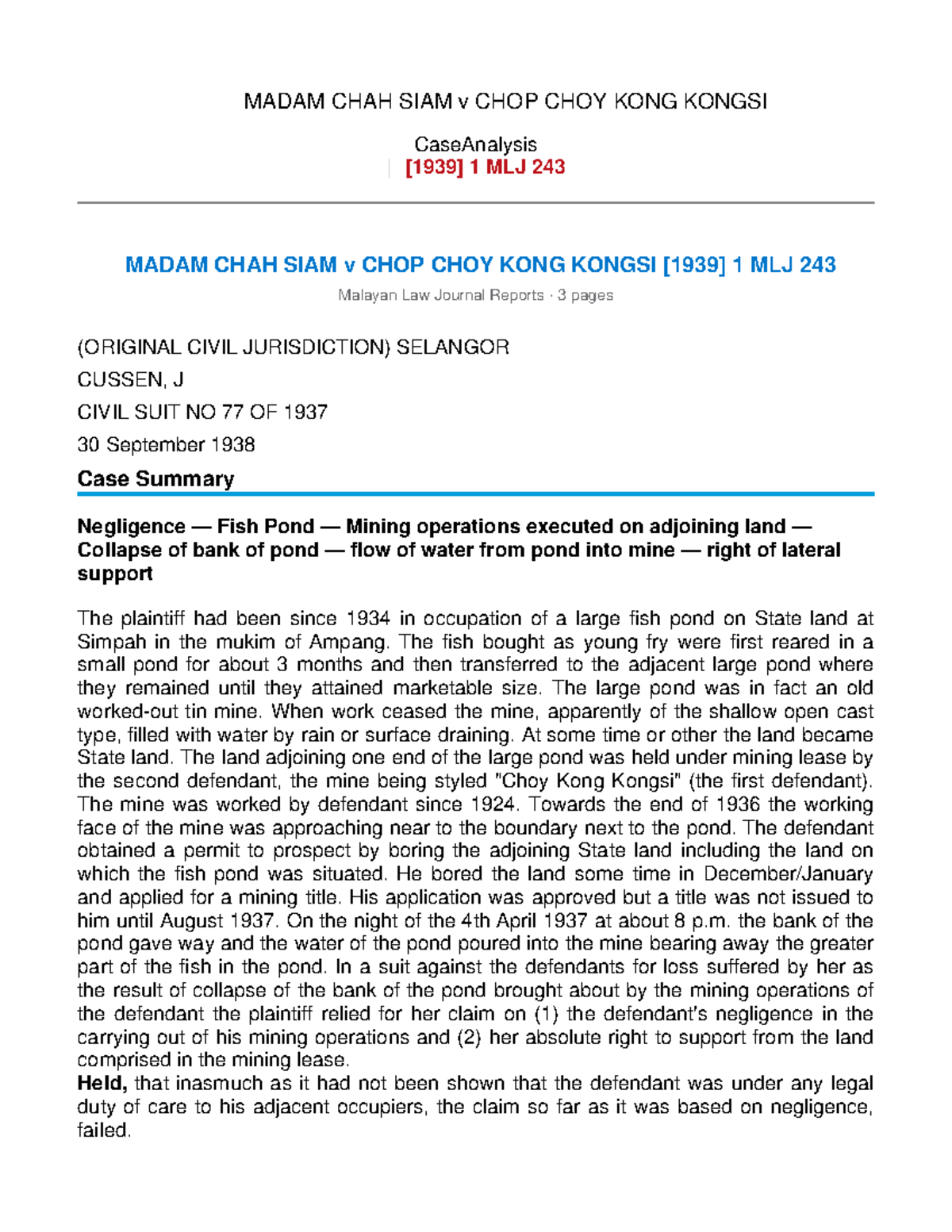 Madam CHAH SIAM v CHOP CHOY KONG Kongsi, [1939] 1 MLJ 2 - CaseAnalysis ...
