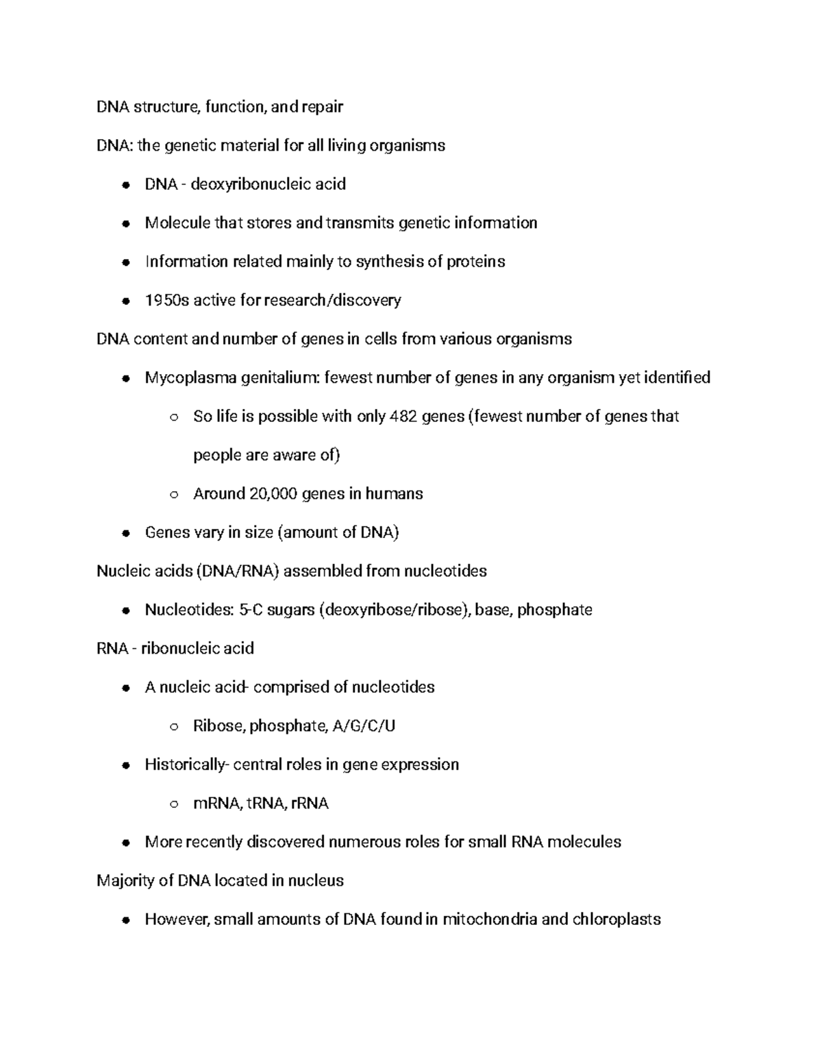 Cell bio lec 7 - lecture 7 - DNA structure, function, and repair DNA ...
